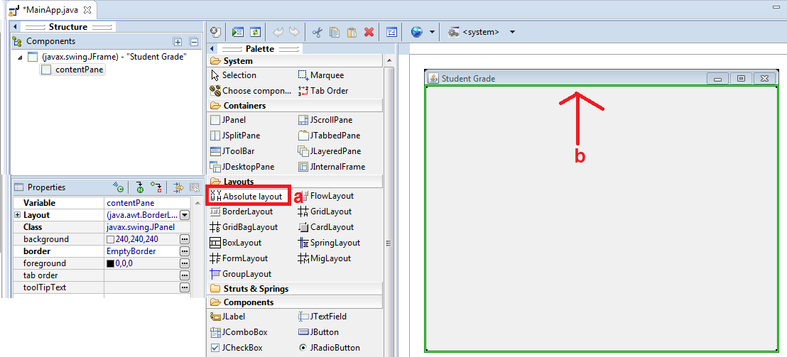 b. Click inside the container to create the Absolute Layout